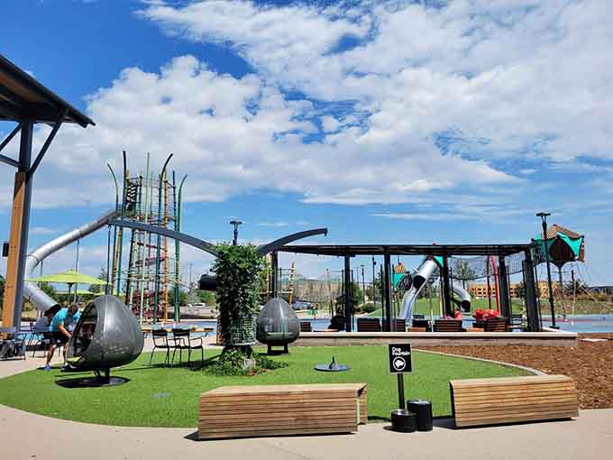 A playground where kids burn energy while parents recover from the exhausting thrill of bargain hunting.