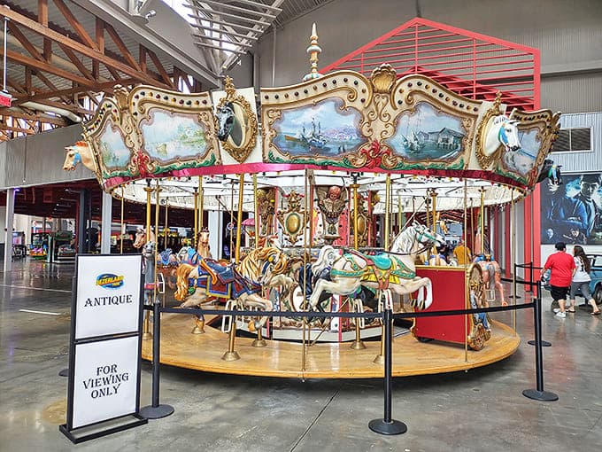 This ornate antique carousel stands frozen in time, a gilded masterpiece meant for admiring, not riding.