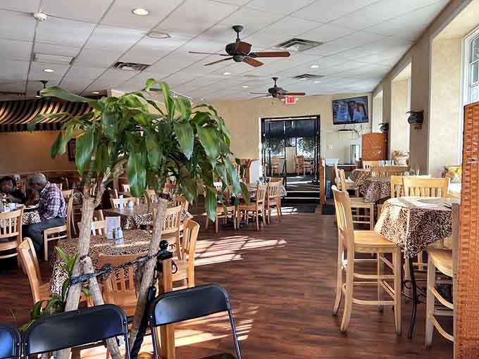 Spacious dining room with animal print accents and plenty of tables for lingering over your legendary lunch.