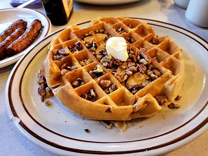 This waffle comes loaded with chocolate chips and pecans, making every square a tiny pocket of pure joy.