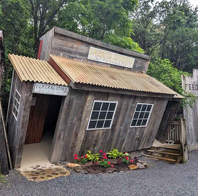 This tilted general store looks like it survived both an earthquake and a dinosaur attack, which seems entirely plausible here.