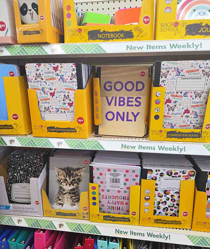 Composition books featuring adorable kittens and motivational messages, because even notebooks deserve personality and charm these days.