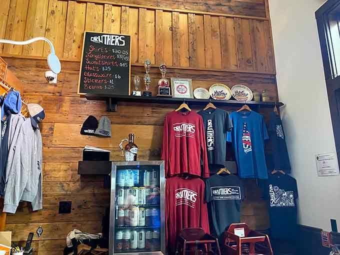 Druthers merchandise displayed like trophies because wearing the shirt means you're part of the club now.