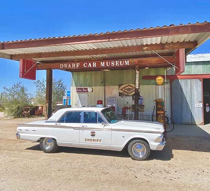 Outside sits a full-sized classic, just to remind you what normal proportions look like after the tour.