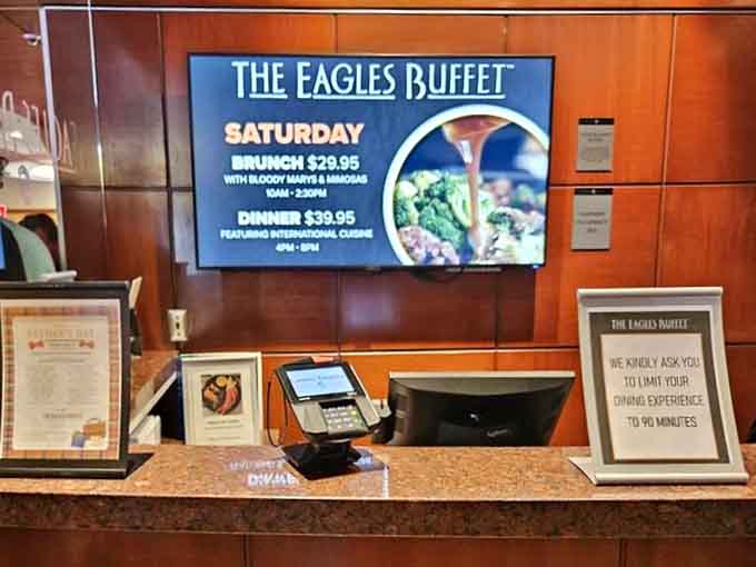 The order area welcomes you with digital displays showing what culinary treasures await inside this buffet wonderland.