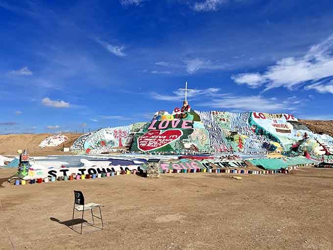 Salvation Mountain's colorful neighbor reminds visitors that love and creativity flourish even in harsh desert conditions.