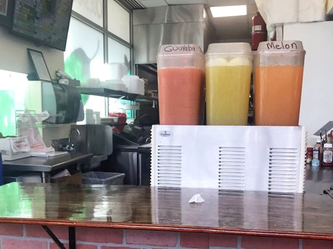 Fresh aguas frescas in multiple flavors waiting to wash down your tacos: authentic refreshment in every colorful sip.