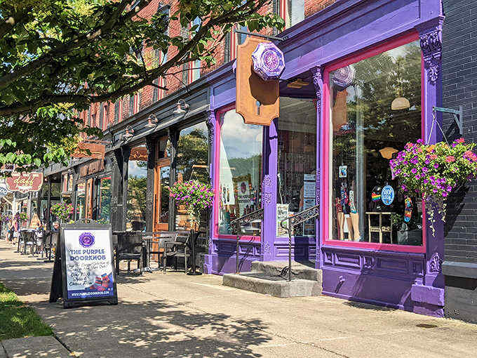 The Purple Doorknob's vibrant storefront adds whimsical charm to a downtown that takes its character seriously and delightfully.