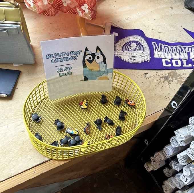 A yellow basket full of shoe charms ready to personalize your footwear, because apparently we're all still decorating our Crocs.