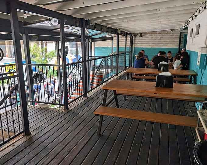 The patio seating lets you enjoy your brisket with fresh air, though the smoke aroma follows you everywhere anyway.