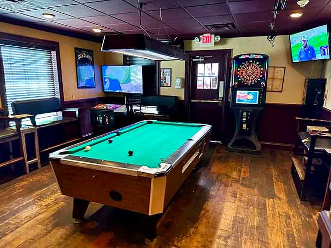 Pool table and dartboard prove that great food and good times go together like, well, pool and beer.
