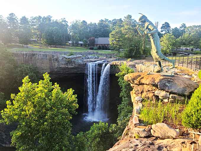 Noccalula Falls drops 90 feet with the kind of dramatic flair that makes you forget theme parks even exist.