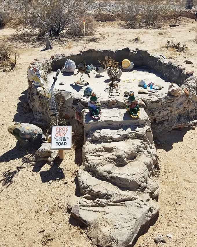 The frog shrine warns that only "toadally" committed visitors should approach this amphibian gathering spot with respect.