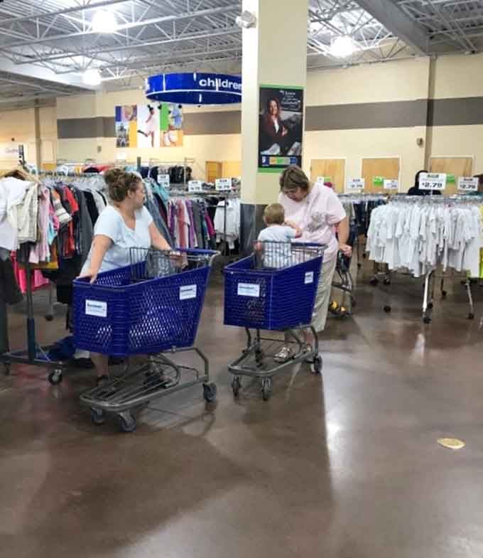 Those blue shopping carts get a serious workout as bargain hunters load up on their latest discoveries.