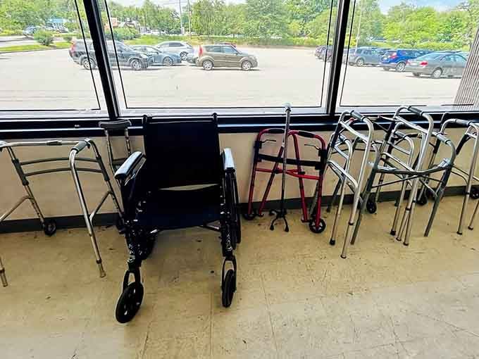 Mobility aids lined up by the window, proving this store serves every community member with dignity and affordability.