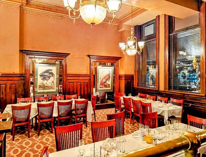 Ornate dining rooms with bird artwork and patterned carpets make every meal feel like an occasion.