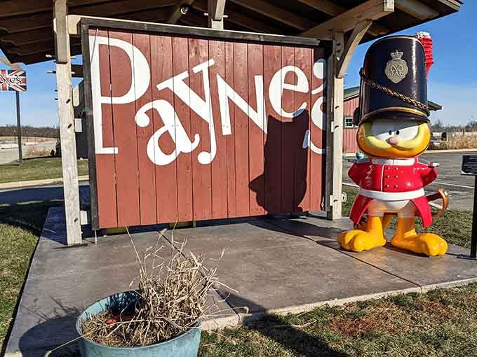British Garfield stands guard at Payne, looking properly distinguished in his royal red uniform and helmet.