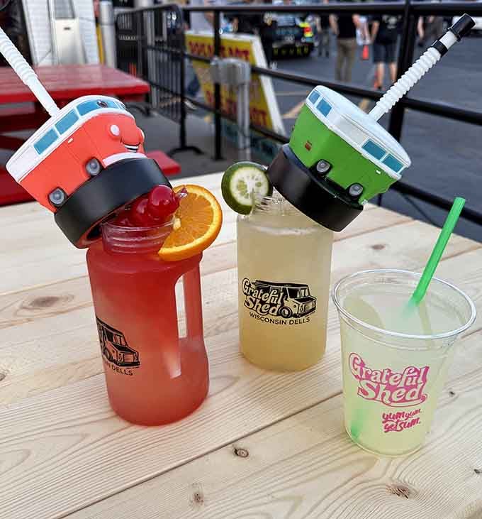 Colorful cocktails topped with tiny camper straws prove that even beverages get the quirky treatment here.