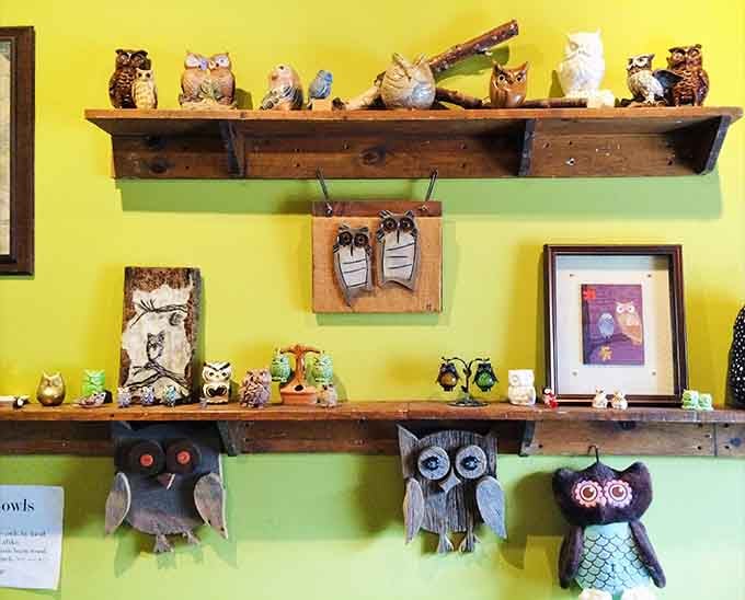 An entire shelf of owl collectibles shows the cafe's commitment to its namesake extends well beyond just the sign outside.