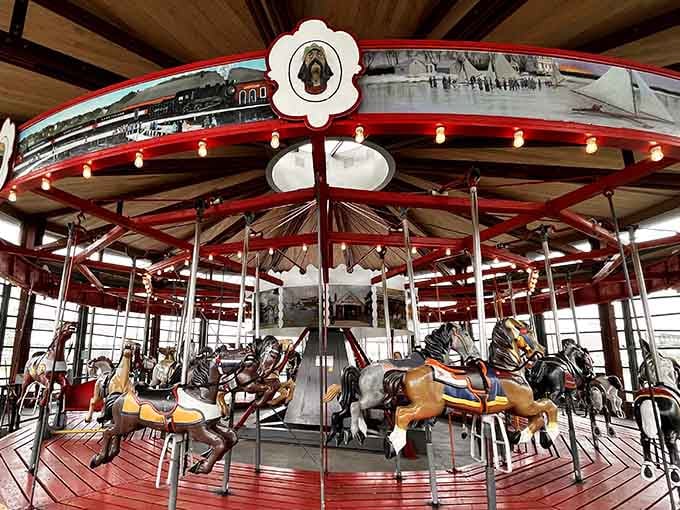 Vintage carousel horses frozen mid-gallop, delighting kids and nostalgic adults who remember simpler summer days fondly.