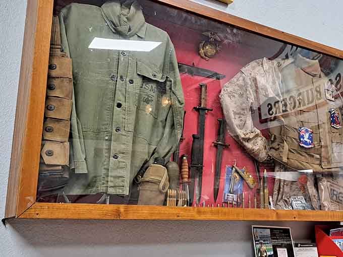 Military memorabilia honors those who served, adding depth and patriotic pride to this already special burger joint.