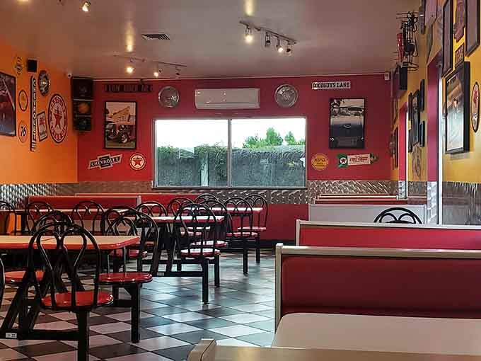 Red booths and checkered floors create the perfect setting for making memories over burgers and shakes together.