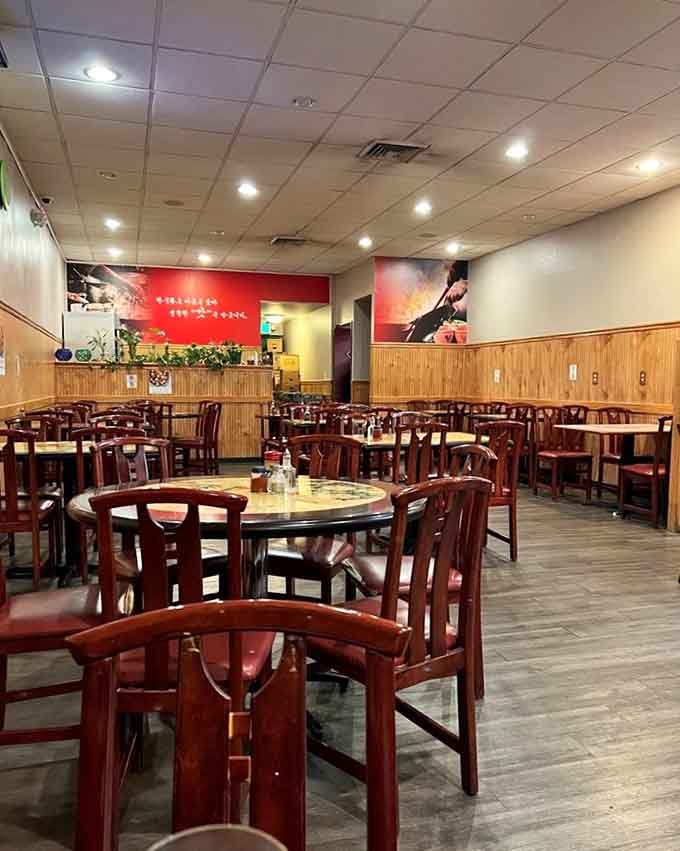 Spacious dining room with round tables perfect for sharing dishes and making memories over exceptional Korean-Chinese food.