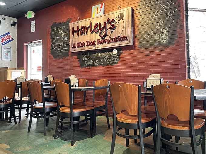 The dining area mixes tables, booths, and enough personality to make every meal feel like a celebration.