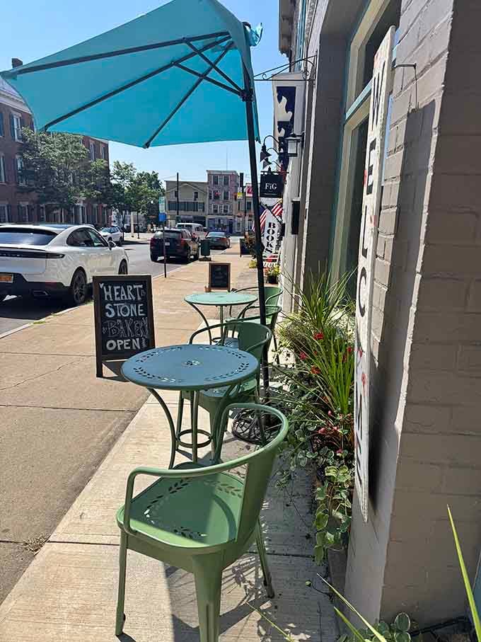 Outdoor seating where you can enjoy your pastries while watching small-town life unfold around you perfectly.