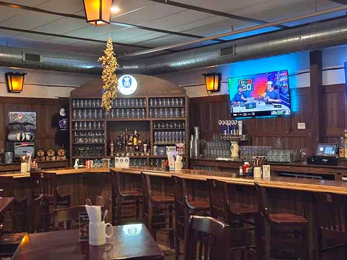 The bar gleams with promise, lined with steins and staffed by people who pour happiness professionally.