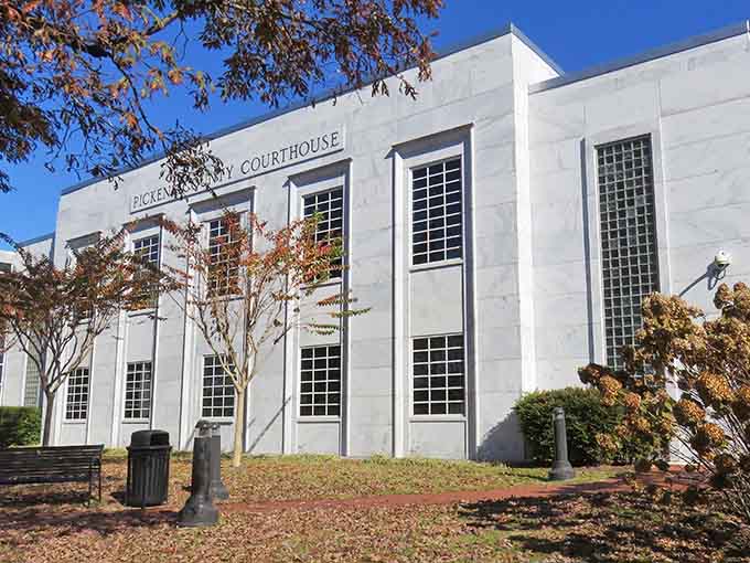 The Pickens County Courthouse standing tall, built from that famous Georgia marble everyone keeps talking about.