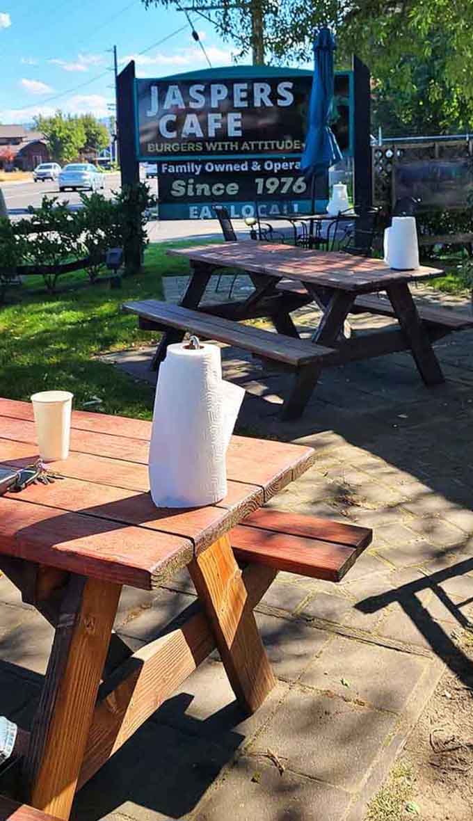 Outdoor patio seating where you can enjoy your wild burger choices under the Oregon sunshine.