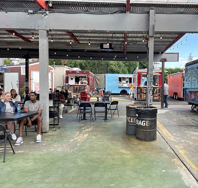 Portland's food truck pods offer covered seating where you can enjoy your meal while contemplating your excellent life decisions.