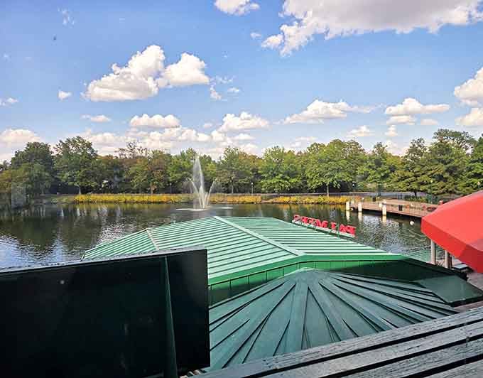 The outdoor fountain and pond provide a serene backdrop, proving that even bookstores deserve waterfront property with views.