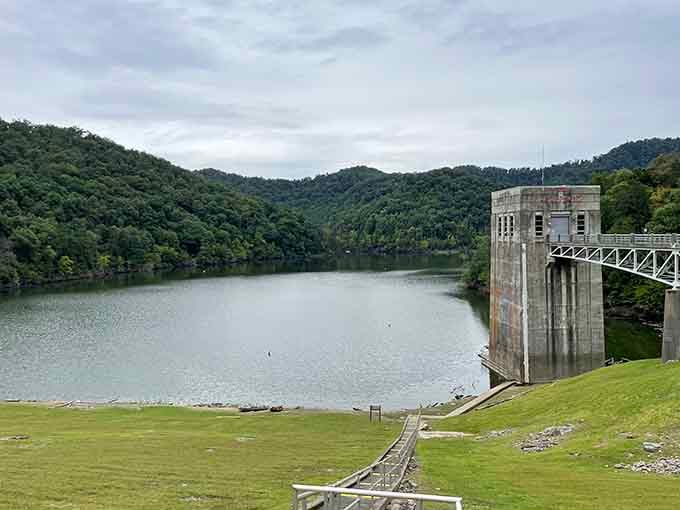 Still waters reflect green mountains at this quiet reservoir, offering fishing and solitude away from city noise.
