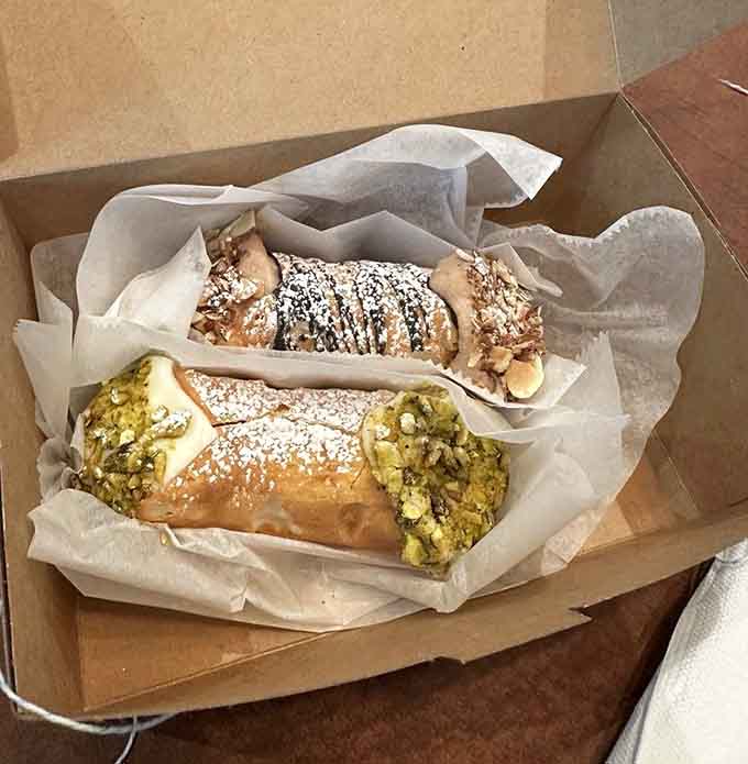 Fresh cannolis stuffed with pistachio and traditional fillings prove this chocolate house has Italian pastry skills too.