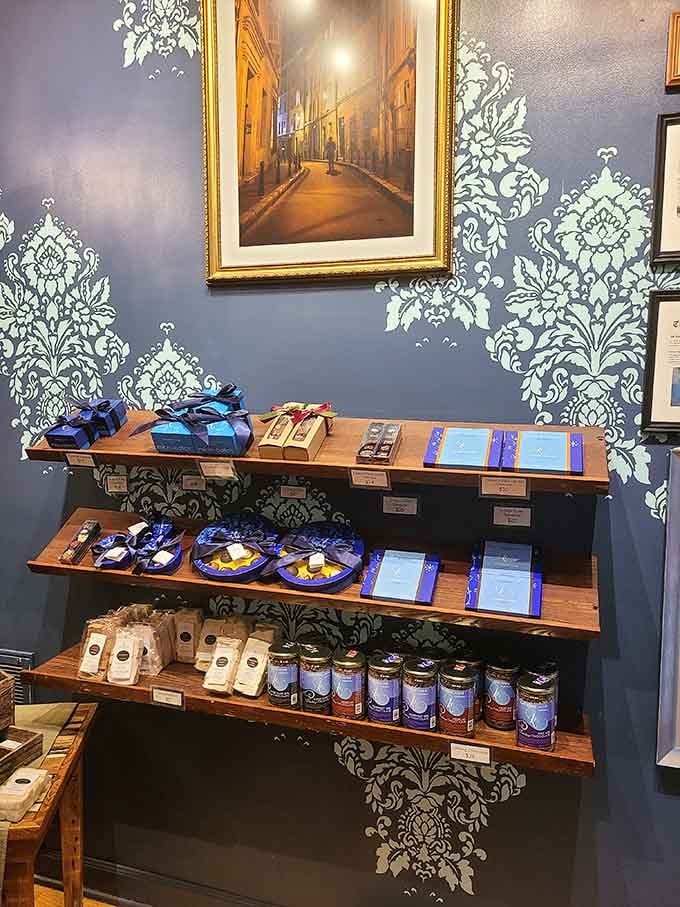 Shelves stocked with chocolate bars and packaged treats that make excellent gifts or personal stashes, no judgment.