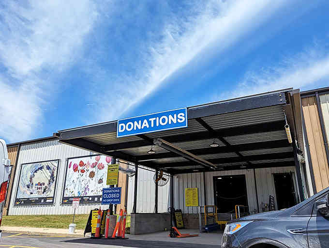 The donation entrance welcomes your gently used items, completing the circle of community giving that keeps this operation thriving.