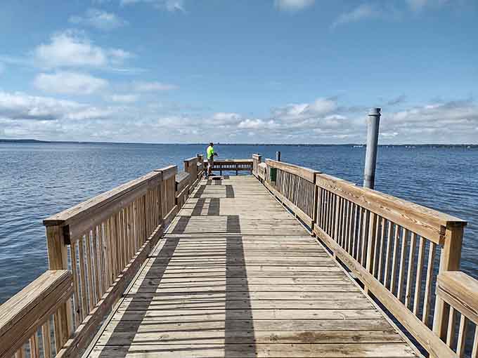 The fishing pier extends into deep water where the big ones are supposedly waiting, allegedly.