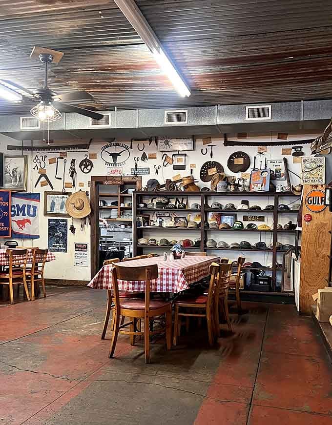 Vintage tools, cowboy hats, and Gulf signs adorn the walls while diners enjoy meals that justify every mile of the drive here.