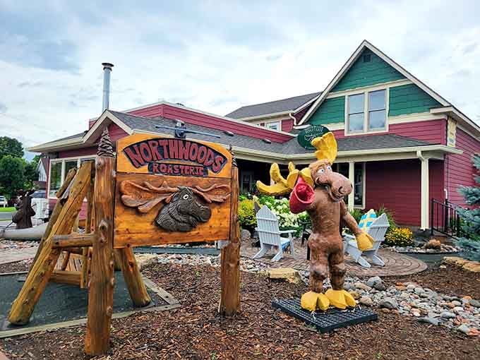 Northwoods Roasterie stands ready with that moose mascot, because nothing says "welcome" quite like a cheerful woodland creature holding coffee beans.