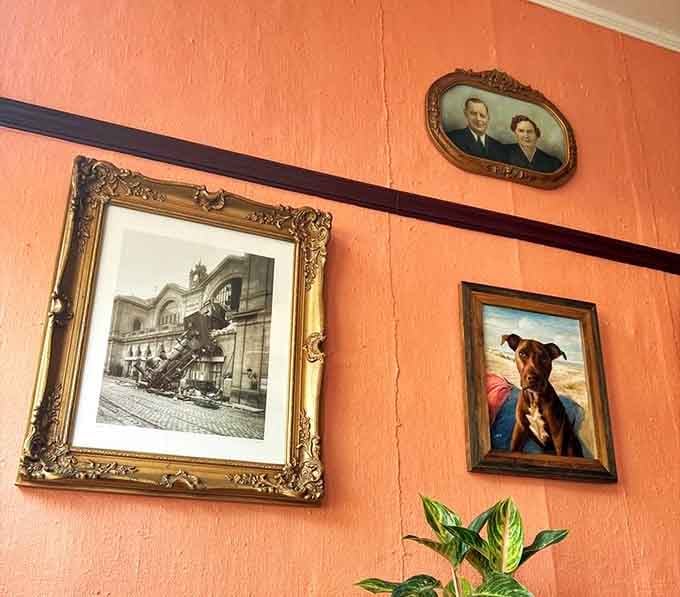 Vintage portraits and eclectic artwork on peachy walls prove that great restaurants know how to tell stories without saying a word.