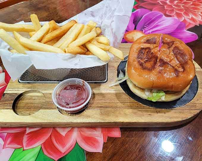 Even the burger and fries here get the Los Amigos treatment, served on a wooden board like edible art you're about to devour.