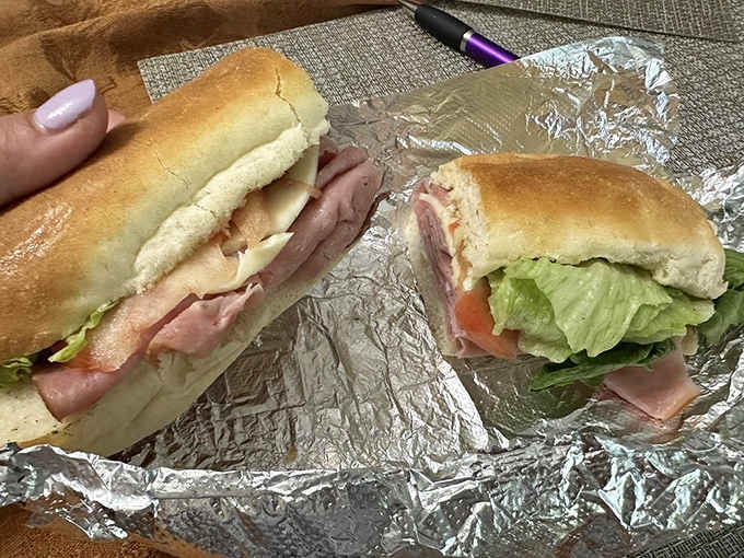 That Italian sandwich on fresh bread looks suspiciously good for something you grabbed at a donut shop, proving versatility matters.