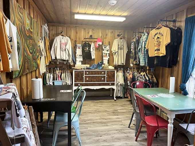 Vintage furniture and local merchandise turn waiting for your order into a treasure hunt.