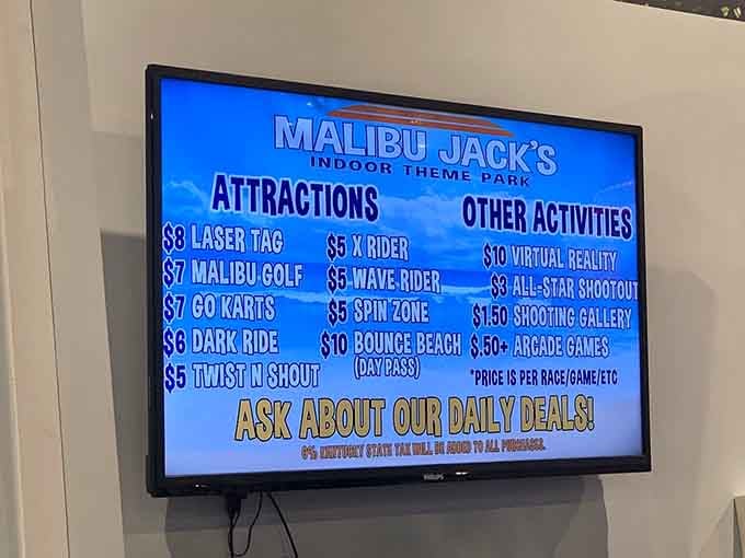 The pricing board lays out your options like a menu of fun, where every dollar buys you another reason to smile.