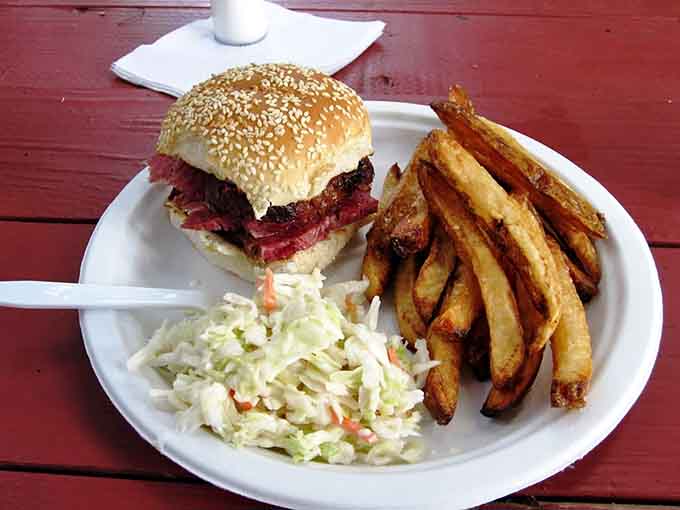 Corned beef piled high with coleslaw, because sometimes more really is more in the best way.