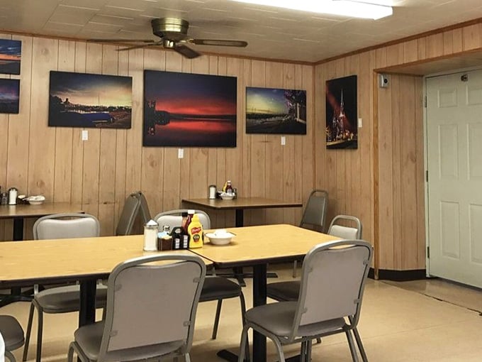 Wood-paneled walls and simple tables create that authentic small-town restaurant atmosphere you can't fake or replicate.