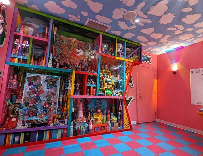 Shelves packed with colorful treasures like your grandmother's curio cabinet went to art school and got really experimental.