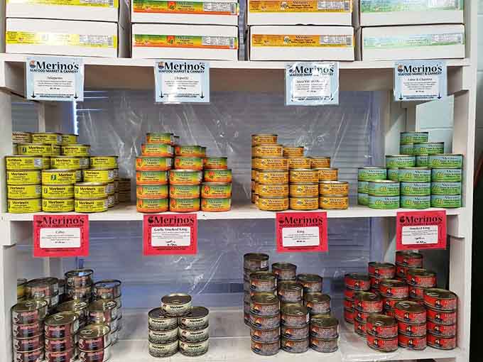 Rows of canned seafood products ready to bring the taste of Westport home to your pantry.